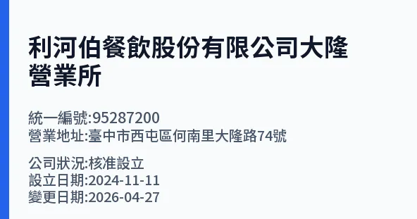 利河伯餐飲股份有限公司大隆營業所的照片-統編 95287200(臺中市) 公司登記資料與營業項目詳細圖表