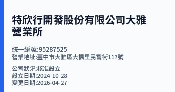特欣行開發股份有限公司大雅營業所的照片-統編 95287525(臺中市) 公司登記資料與營業項目詳細圖表