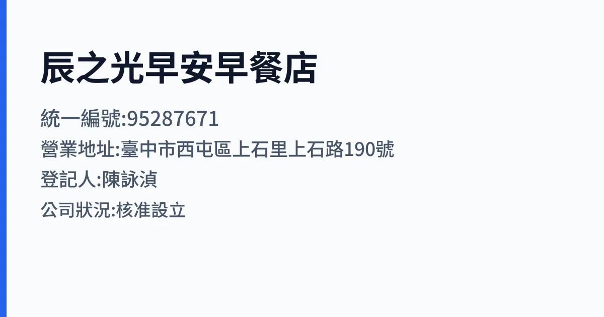 辰之光早安早餐店 - 統編 95287671(臺中市) 公司登記資料與營業項目詳細圖表