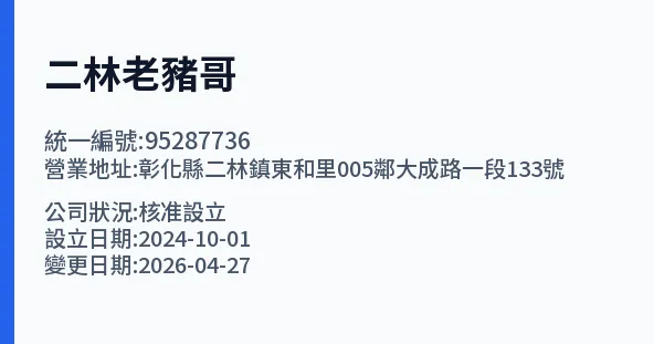 二林老豬哥的照片-統編 95287736(彰化縣) 公司登記資料與營業項目詳細圖表