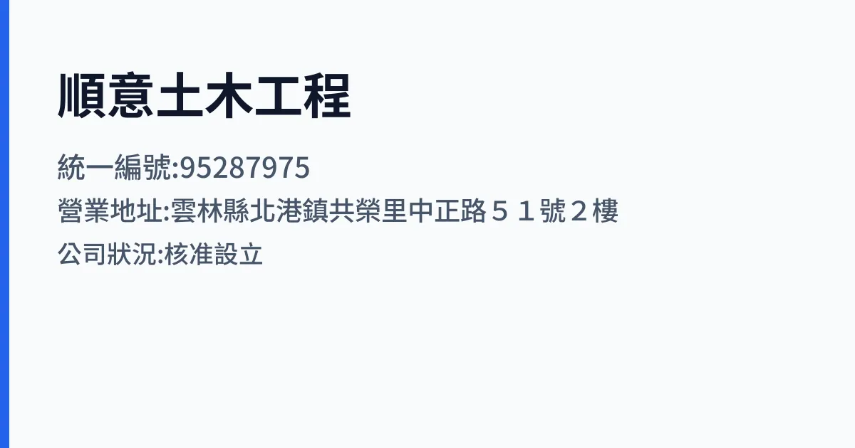 順意土木工程 - 統編 95287975(雲林縣) 公司登記資料與營業項目詳細圖表