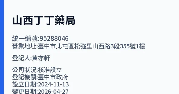 山西丁丁藥局的照片-統編 95288046(臺中市) 公司登記資料與營業項目詳細圖表
