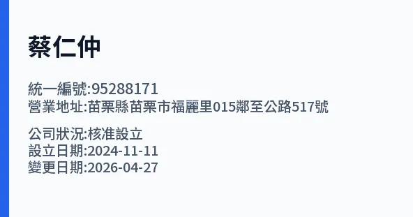 蔡仁仲的照片-統編 95288171(苗栗縣) 公司登記資料與營業項目詳細圖表