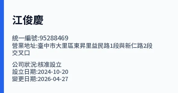 江俊慶的照片-統編 95288469(臺中市) 公司登記資料與營業項目詳細圖表