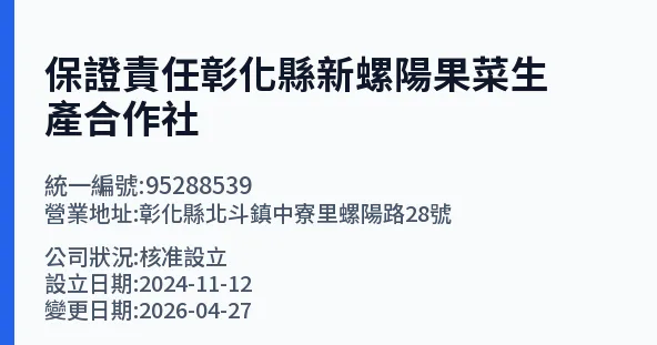 保證責任彰化縣新螺陽果菜生產合作社的照片-統編 95288539(彰化縣) 公司登記資料與營業項目詳細圖表