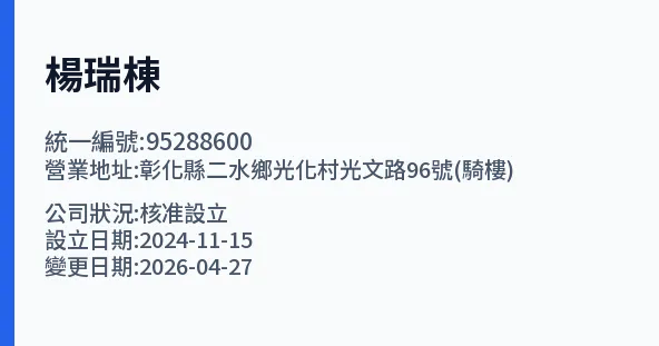 楊瑞棟的照片-統編 95288600(彰化縣) 公司登記資料與營業項目詳細圖表