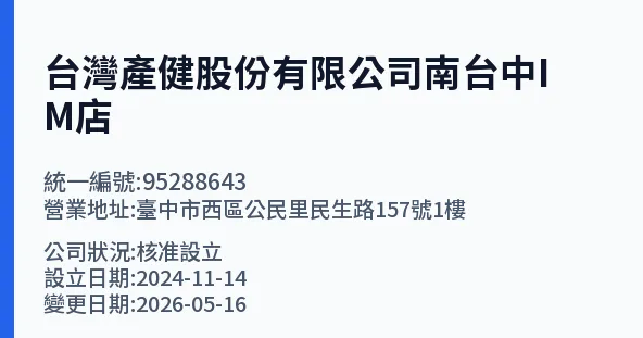 台灣產健股份有限公司南台中IM店的照片-統編 95288643(臺中市) 公司登記資料與營業項目詳細圖表