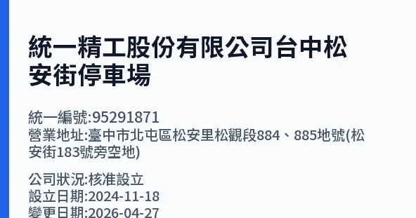 統一精工股份有限公司台中松安街停車場的照片-統編 95291871(臺中市) 公司登記資料與營業項目詳細圖表
