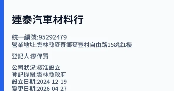 連泰汽車材料行的照片-統編 95292479(雲林縣) 公司登記資料與營業項目詳細圖表