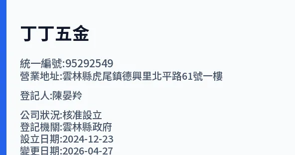丁丁五金的照片-統編 95292549(雲林縣) 公司登記資料與營業項目詳細圖表