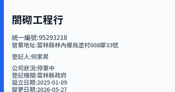閤砌工程行的照片-統編 95293218(雲林縣) 公司登記資料與營業項目詳細圖表