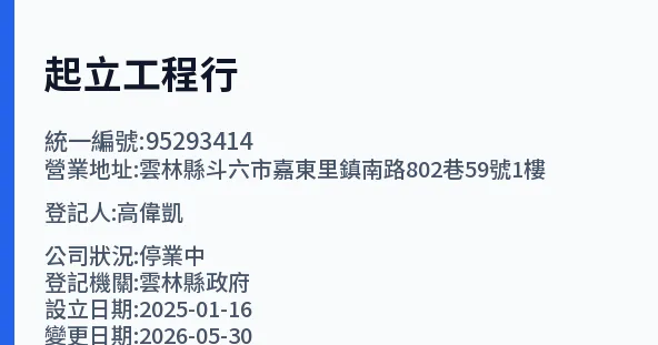 起立工程行的照片-統編 95293414(雲林縣) 公司登記資料與營業項目詳細圖表