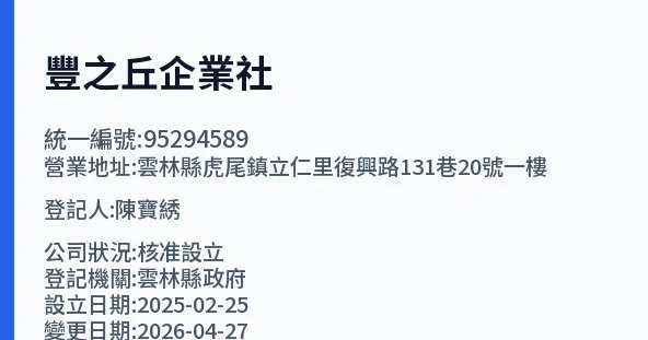 豐之丘企業社的照片-統編 95294589(雲林縣) 公司登記資料與營業項目詳細圖表