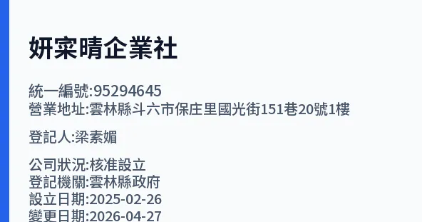 妍寀晴企業社的照片-統編 95294645(雲林縣) 公司登記資料與營業項目詳細圖表