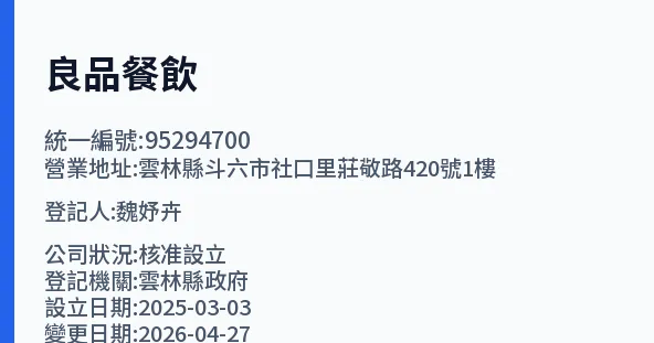 良品餐飲的照片-統編 95294700(雲林縣) 公司登記資料與營業項目詳細圖表
