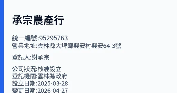 承宗農產行的照片-統編 95295763(雲林縣) 公司登記資料與營業項目詳細圖表