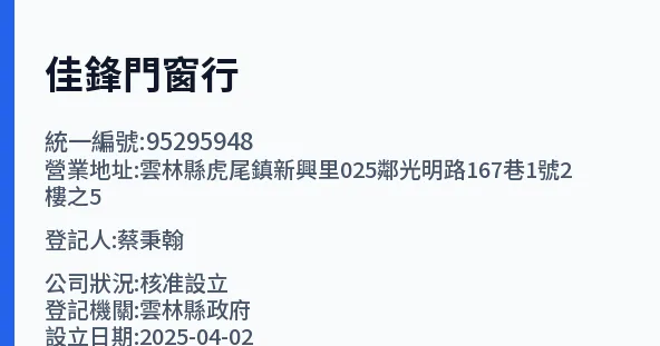 佳鋒門窗行的照片-統編 95295948(雲林縣) 公司登記資料與營業項目詳細圖表