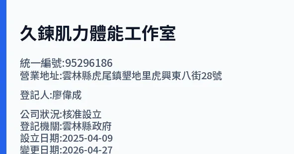 久鍊肌力體能工作室的照片-統編 95296186(雲林縣) 公司登記資料與營業項目詳細圖表