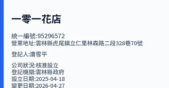 一零一花店的照片-統編 95296572(雲林縣) 公司登記資料與營業項目詳細圖表
