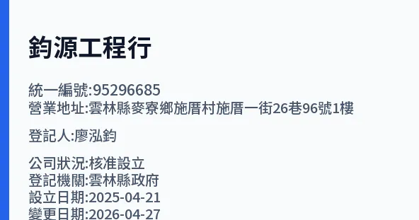 鈞源工程行的照片-統編 95296685(雲林縣) 公司登記資料與營業項目詳細圖表