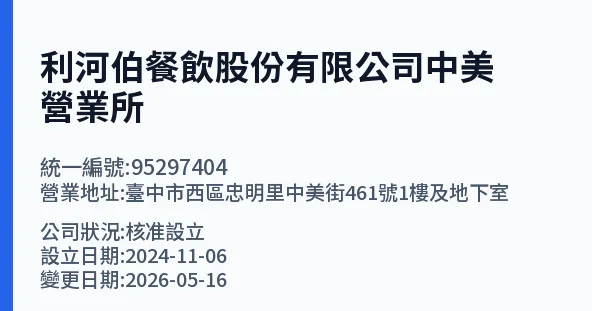 利河伯餐飲股份有限公司中美營業所的照片-統編 95297404(臺中市) 公司登記資料與營業項目詳細圖表