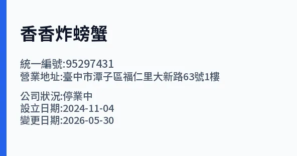 香香炸螃蟹的照片-統編 95297431(臺中市) 公司登記資料與營業項目詳細圖表