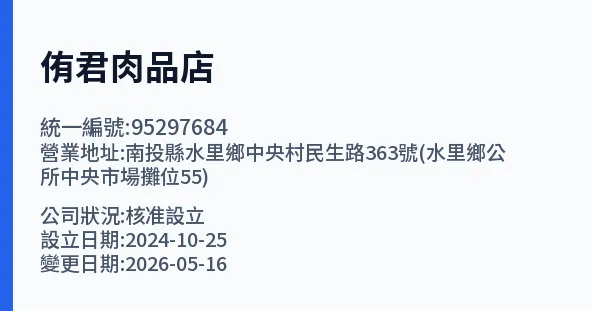 侑君肉品店的照片-統編 95297684(南投縣) 公司登記資料與營業項目詳細圖表