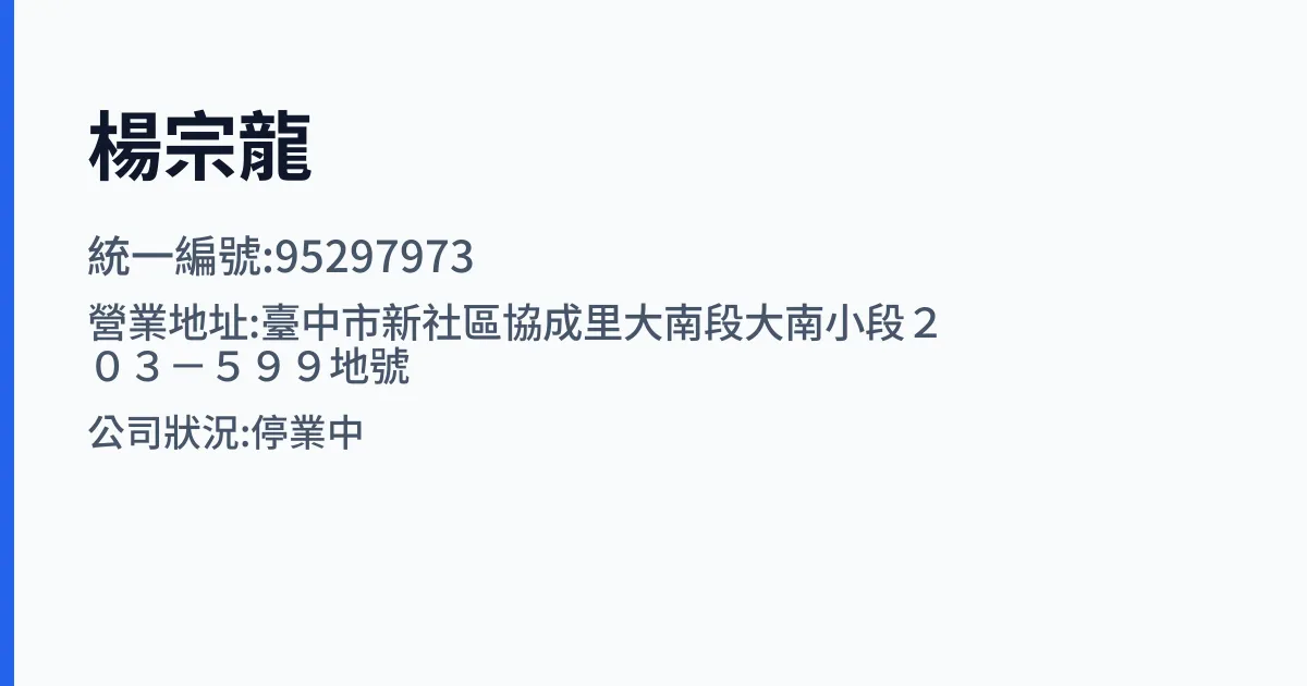 楊宗龍 - 統編 95297973(臺中市) 公司登記資料與營業項目詳細圖表