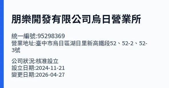 朋樂開發有限公司烏日營業所的照片-統編 95298369(臺中市) 公司登記資料與營業項目詳細圖表