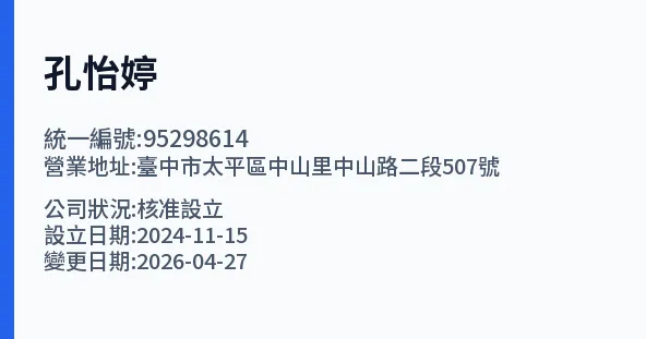 孔怡婷的照片-統編 95298614(臺中市) 公司登記資料與營業項目詳細圖表