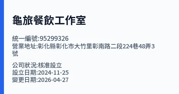 龜旅餐飲工作室的照片-統編 95299326(彰化縣) 公司登記資料與營業項目詳細圖表