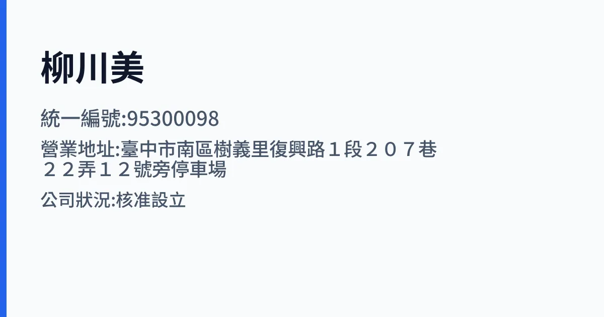柳川美 - 統編 95300098(臺中市) 公司登記資料與營業項目詳細圖表