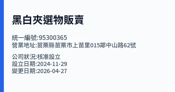 黑白夾選物販賣的照片-統編 95300365(苗栗縣) 公司登記資料與營業項目詳細圖表