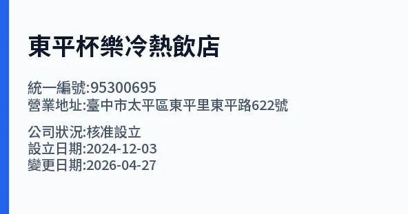 東平杯樂冷熱飲店的照片-統編 95300695(臺中市) 公司登記資料與營業項目詳細圖表