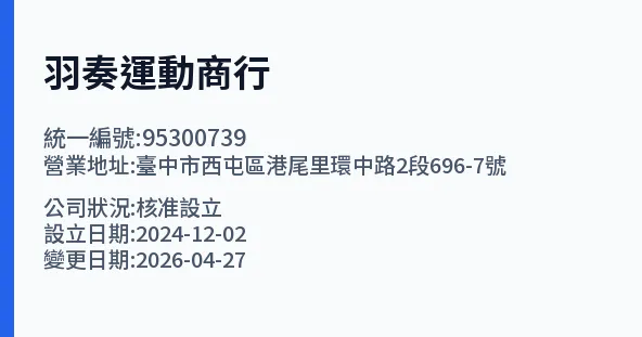 羽奏運動商行的照片-統編 95300739(臺中市) 公司登記資料與營業項目詳細圖表