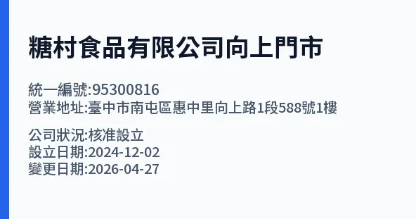 糖村食品有限公司向上門市的照片-統編 95300816(臺中市) 公司登記資料與營業項目詳細圖表