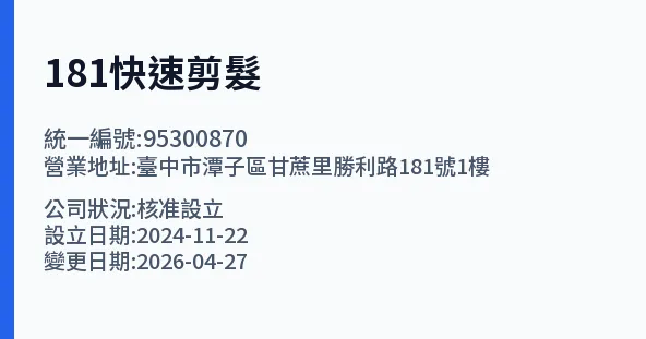 181快速剪髮的照片-統編 95300870(臺中市) 公司登記資料與營業項目詳細圖表