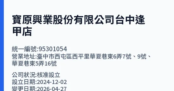 寶原興業股份有限公司台中逢甲店的照片-統編 95301054(臺中市) 公司登記資料與營業項目詳細圖表