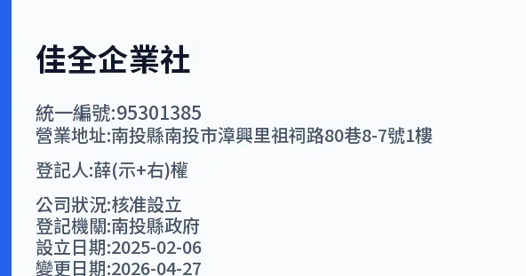 佳全企業社的照片-統編 95301385(南投縣) 公司登記資料與營業項目詳細圖表