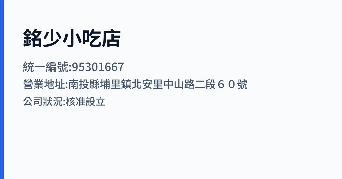 銘少小吃店 - 統編 95301667(南投縣) 公司登記資料與營業項目詳細圖表