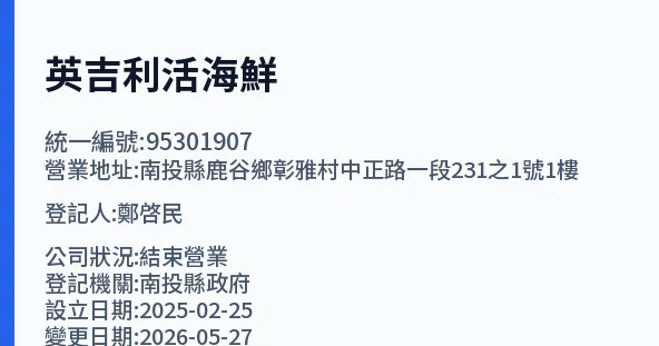 英吉利活海鮮的照片-統編 95301907(南投縣) 公司登記資料與營業項目詳細圖表