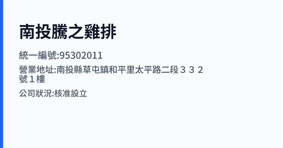 南投騰之雞排 - 統編 95302011（南投縣） 公司登記資料與營業項目詳細圖表