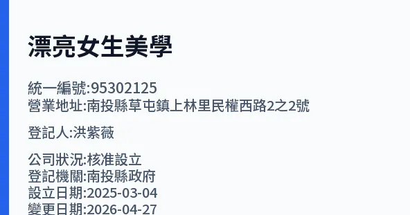 漂亮女生美學的照片-統編 95302125(南投縣) 公司登記資料與營業項目詳細圖表