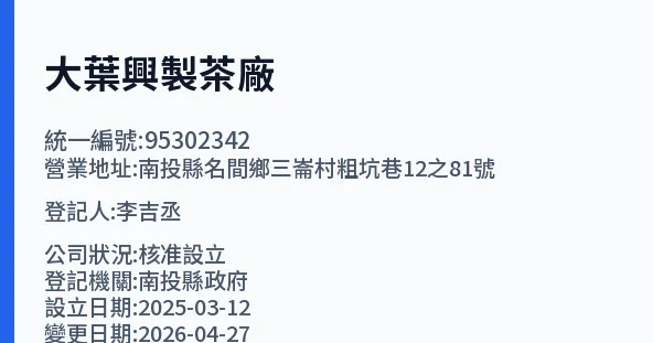 大葉興製茶廠的照片-統編 95302342(南投縣) 公司登記資料與營業項目詳細圖表