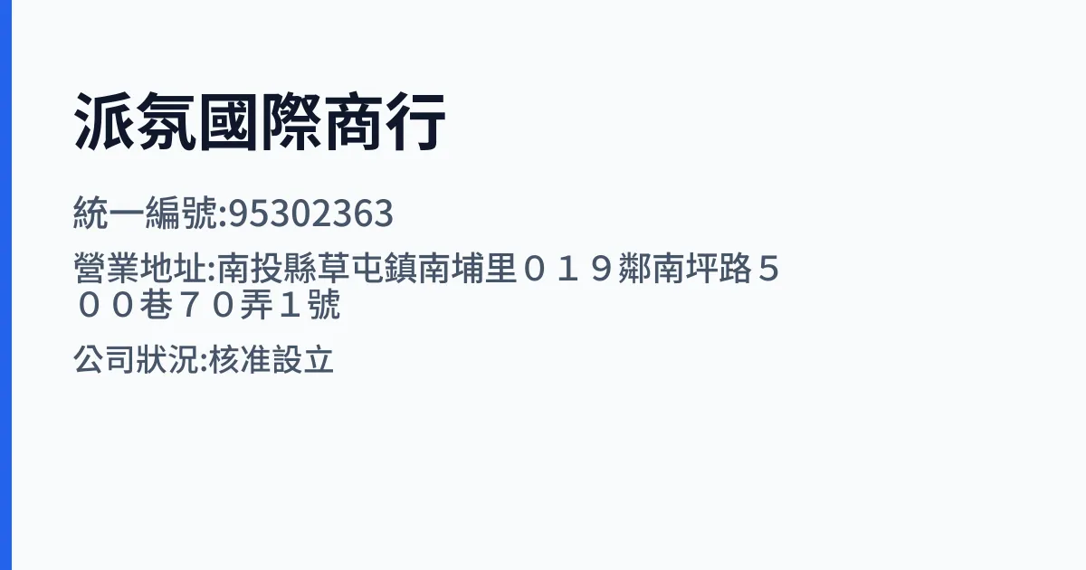 派氛國際商行 - 統編 95302363(南投縣) 公司登記資料與營業項目詳細圖表