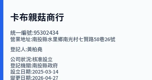 卡布親菇商行的照片-統編 95302434(南投縣) 公司登記資料與營業項目詳細圖表