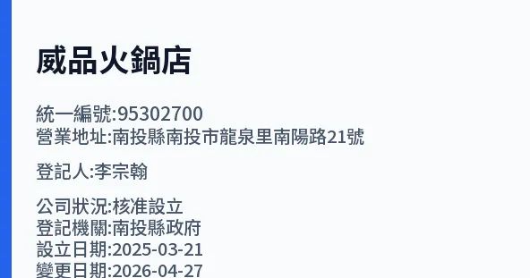 威品火鍋店的照片-統編 95302700(南投縣) 公司登記資料與營業項目詳細圖表