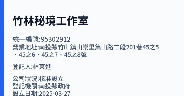 竹林秘境工作室的照片-統編 95302912(南投縣) 公司登記資料與營業項目詳細圖表