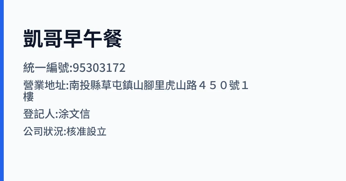 凱哥早午餐 - 統編 95303172(南投縣) 公司登記資料與營業項目詳細圖表