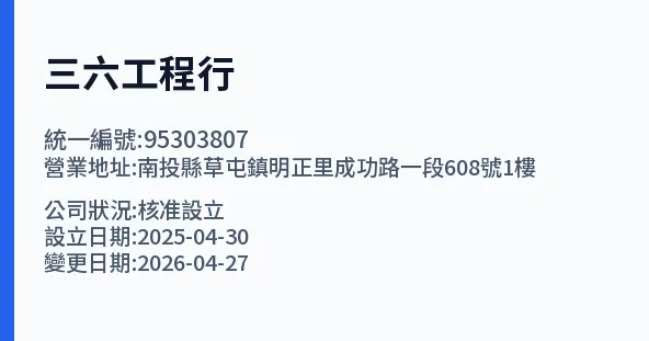三六工程行的照片-統編 95303807(南投縣) 公司登記資料與營業項目詳細圖表